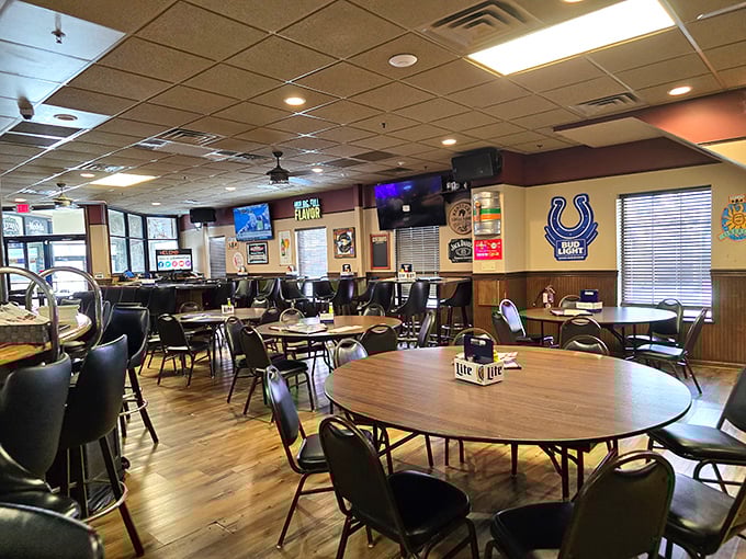 Inside, the perfect marriage of sports bar energy and family restaurant comfort awaits, with Colts memorabilia standing guard over good times.