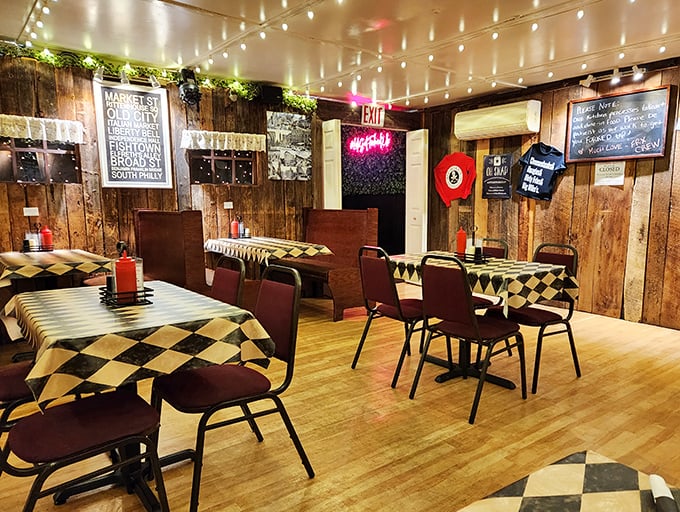 Checkered tablecloths, string lights, and wood-paneled walls create the perfect no-frills atmosphere for serious sandwich consumption. Fancy isn't on the menu here.