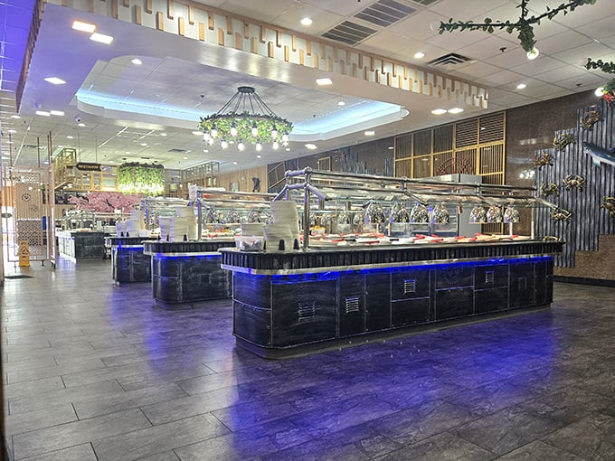 Step into an underwater wonderland where blue LED lights transform dinner into a magical aquatic experience.
