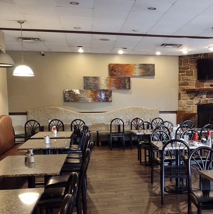 Clean lines, modern art, and comfortable seating create the perfect backdrop for the impending food coma you're about to willingly enter.