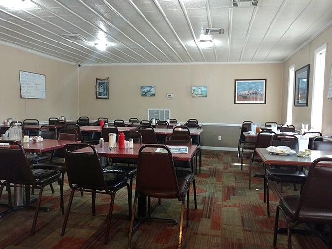 Simple, clean, and no-nonsense - this dining room isn't about fancy decor, it's about focusing on what matters: the food.
