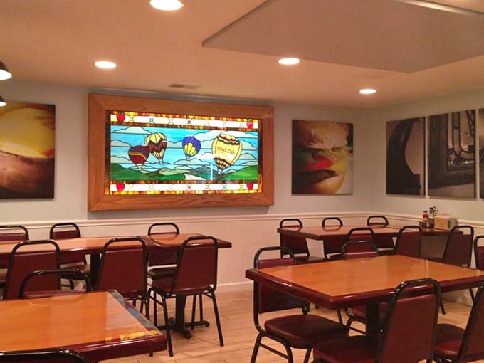 That stained glass hot air balloon window isn't just decoration—it's a promise that your taste buds are about to take flight. 