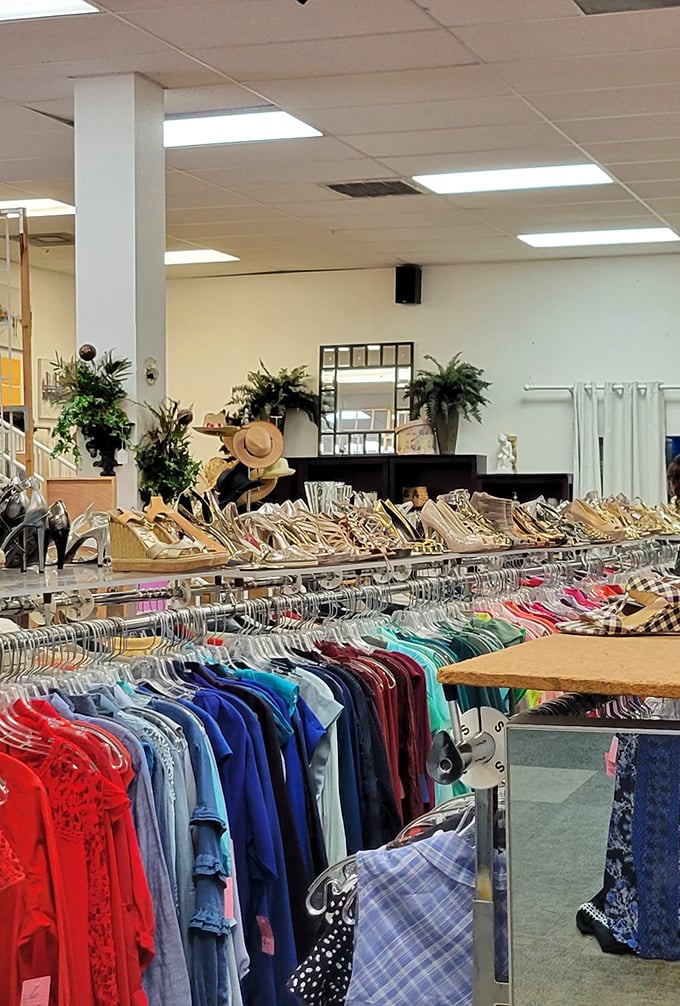 A rainbow of clothing options stretches as far as the eye can see, organized with a precision that would make Marie Kondo nod in approval.
