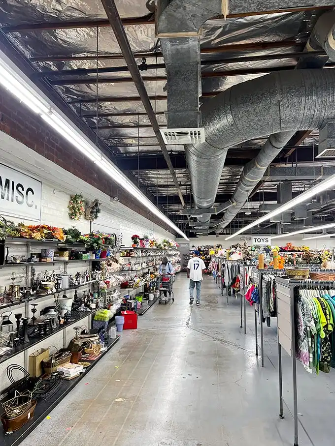 Endless aisles stretch toward retail infinity, where miscellaneous treasures meet organized chaos under industrial ductwork.