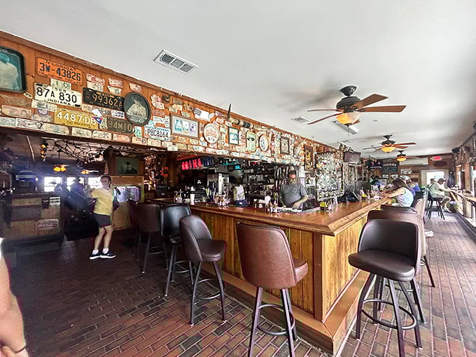 License plates tell stories on walls that have heard thousands of toasts. This bar isn't just serving drinks—it's serving memories with a side of Gulf breeze.