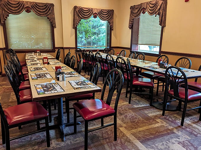 Classic dining room charm with placemats that double as menus – because sometimes the best things never need updating.