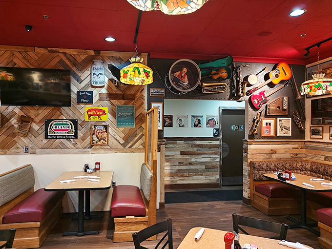 Inside, wood paneling and musical instruments create that perfect diner ambiance – like stepping into a breakfast time capsule where the coffee's always fresh.