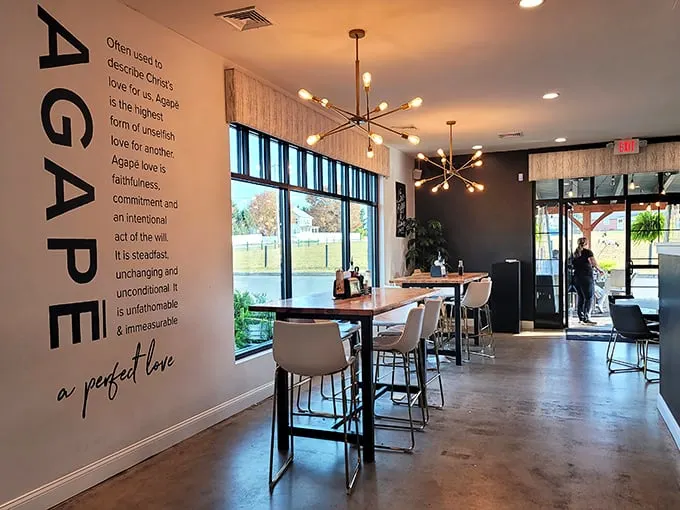 Modern meets meaningful in this thoughtfully designed space where the definition of "agapē" reminds us that great food is, indeed, a form of love.