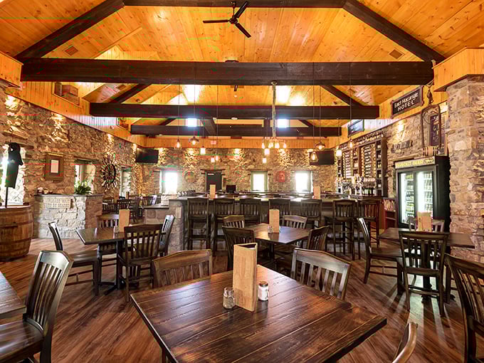 Stone walls and warm wood create the kind of atmosphere where strangers become friends over shared appetizers.