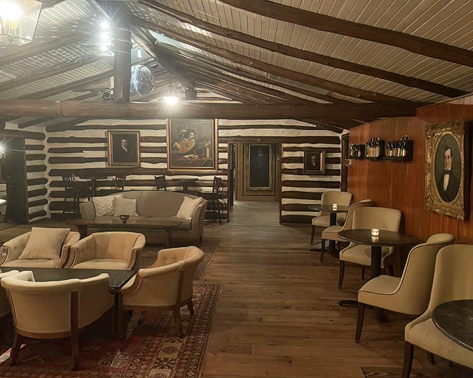 Step inside to discover exposed log walls and comfortable seating that whisper "stay awhile" – this isn't just dinner, it's a cozy time machine with better drinks.