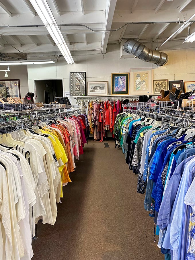 Rainbow-organized clothing racks stretch toward the horizon, a technicolor road map to your next favorite outfit. The thrill of the hunt begins here!