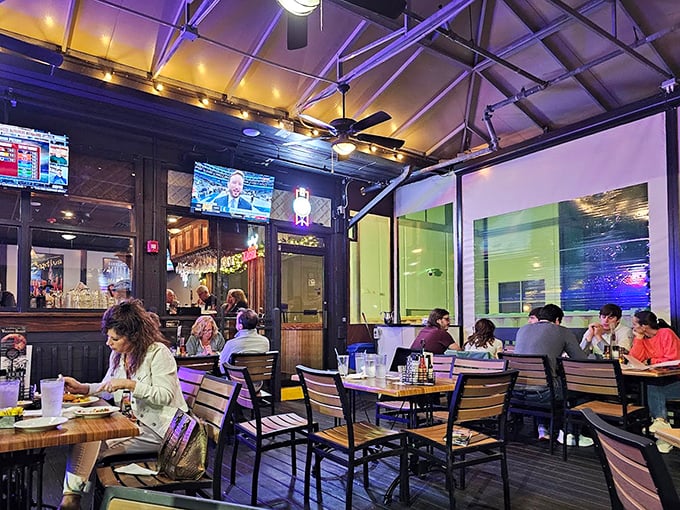 Industrial chic meets coastal comfort where exposed beams frame conversations and memories in the making.