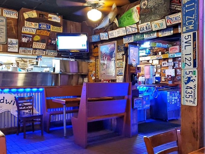 License plates from across America line the walls, telling stories of pilgrims who've made the journey for those legendary rock shrimp.