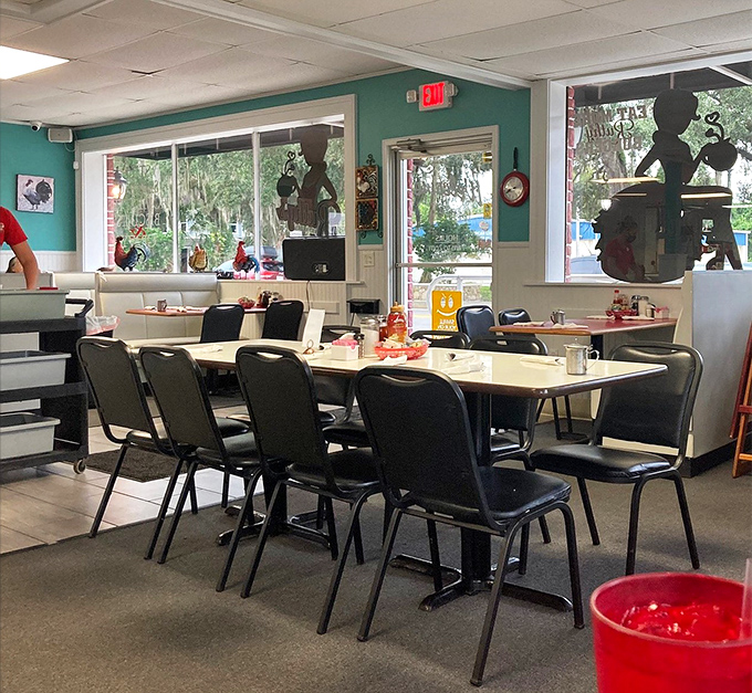 Teal walls and no-nonsense seating tell you everything you need to know: this place prioritizes what's on your plate, not what's on their walls.
