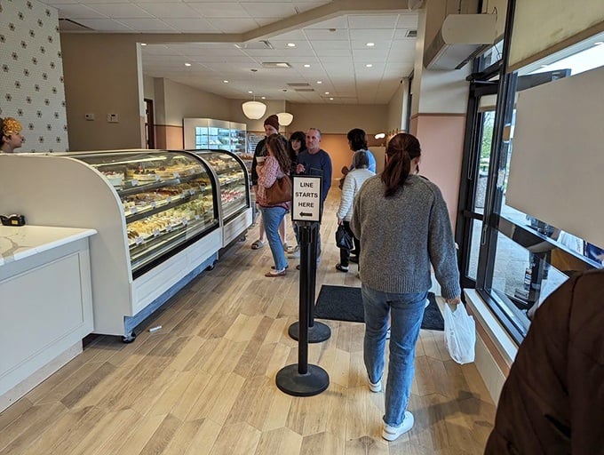 The line forms for good reason—each glass case holds edible treasures worth every minute of the wait.