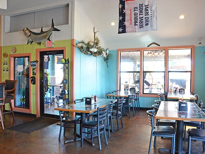 Inside, mounted fish trophies and aqua walls create that perfect "I've discovered something special" vibe that chain restaurants spend millions trying to replicate.