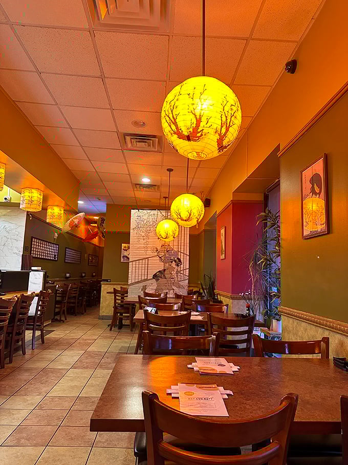 Golden lanterns cast a warm glow over wooden tables, creating the perfect backdrop for sushi that deserves its own spotlight.