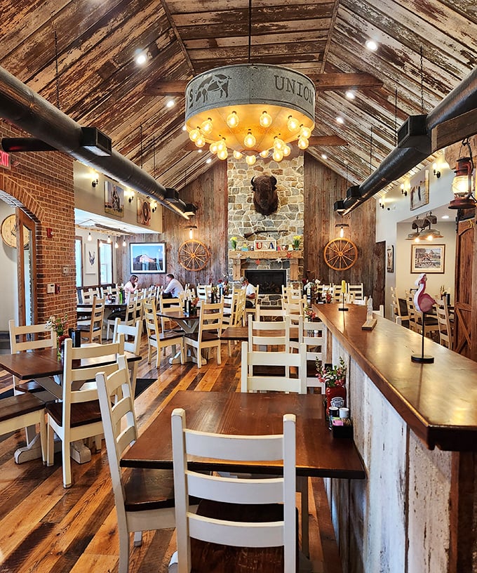 Cathedral-like wooden ceilings and rustic charm create a dining sanctuary where the only appropriate worship is the slow, reverent enjoyment of expertly smoked meats.