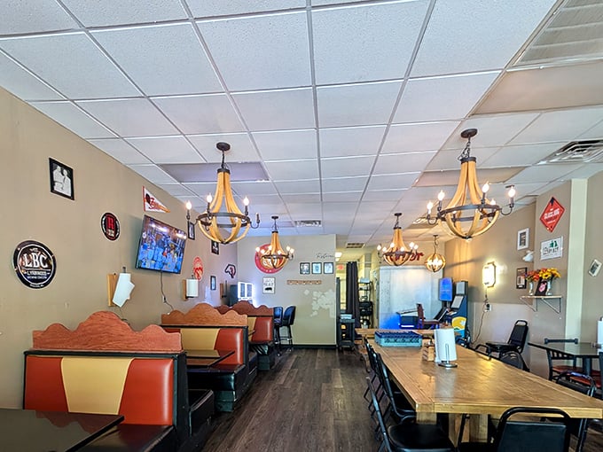 Rustic chandeliers and warm wood tones create that perfect "come as you are" vibe. Like Cheers, but with better food and no Cliff Clavin.