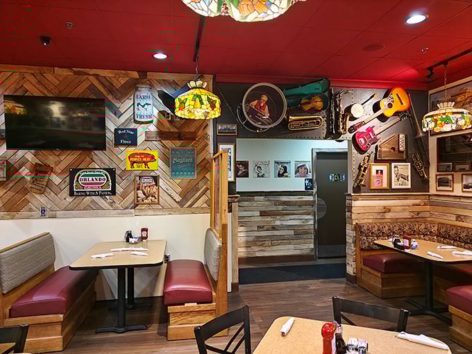Step inside and you're greeted by warm wood paneling, colorful Tiffany lamps, and walls adorned with musical instruments – a symphony of comfort before the first bite.