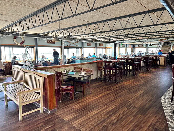 Wooden tables, nautical touches, and those windows! The dining room at Sam's offers the perfect backdrop for seafood feasting with a side of ocean views.