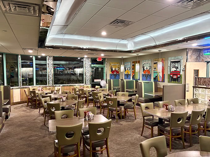 Inside, teal booths and comfortable seating create that perfect diner atmosphere—not too fancy, not too casual, just right for serious breakfast business.