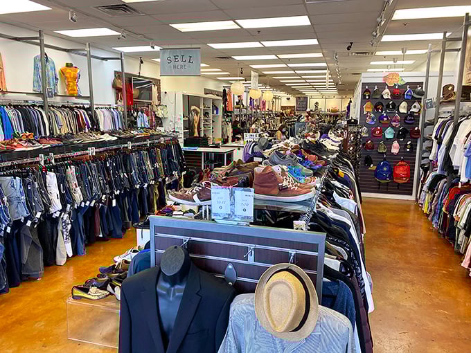Fashion democracy in action—racks organized by type and size create an experience more boutique than bargain bin.