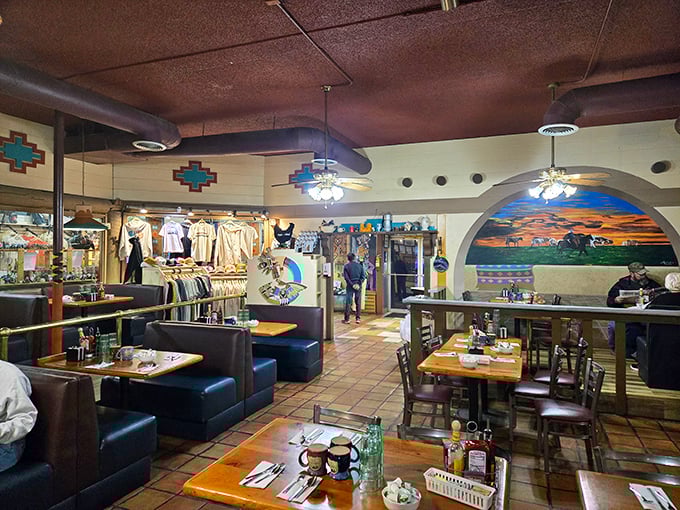 Southwestern charm meets breakfast comfort in this dining room where kachina dolls watch over your meal and red rock murals bring the outdoors in.