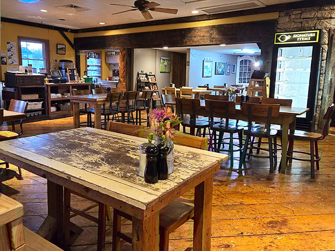 Weathered wooden tables tell stories of countless memorable meals while exposed stone walls hold decades of dining secrets.