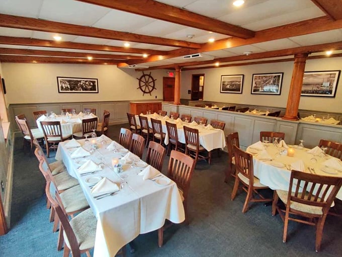 Stepping inside feels like traveling through time – stone walls, wooden beams, and nautical touches create that perfect balance of historic charm and comfortable elegance.