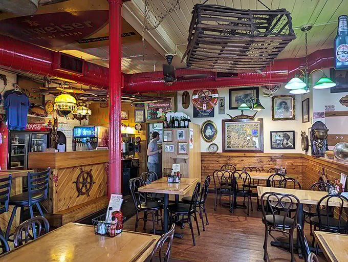 Step inside and you're transported to a sailor's paradise. Wooden walls adorned with nautical treasures create the perfect backdrop for seafood feasting.