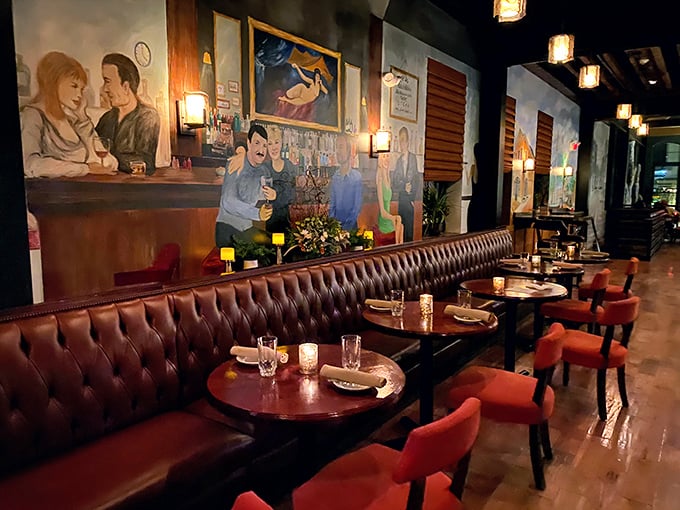 Rich leather banquettes and vibrant murals create the perfect backdrop for both power lunches and romantic dinners.