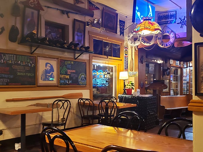 Nautical treasures adorn every inch of wall space, creating the feeling you've stumbled into a sea captain's personal museum where the only admission fee is ordering something delicious.