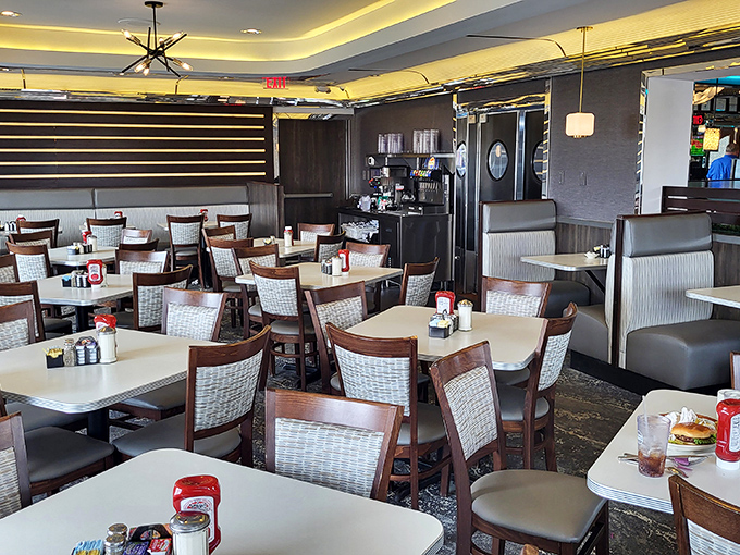 Clean lines, comfortable seating, and the promise of endless coffee refills - the diner interior that launched a thousand conversations.