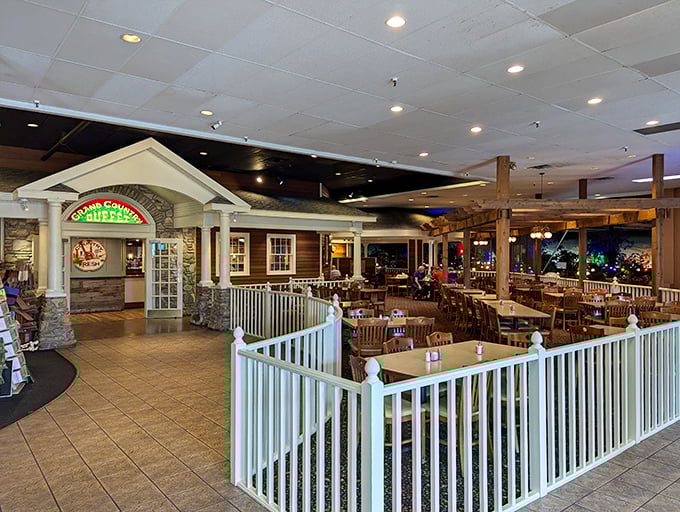 Country charm meets practical comfort inside, where white railings and wooden accents create the perfect backdrop for your imminent food coma.