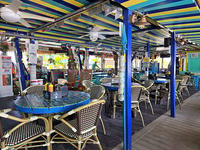 Blue beams and colorful striped ceilings create that perfect "I'm on vacation" atmosphere, even if you're just playing hooky from work on a Tuesday.