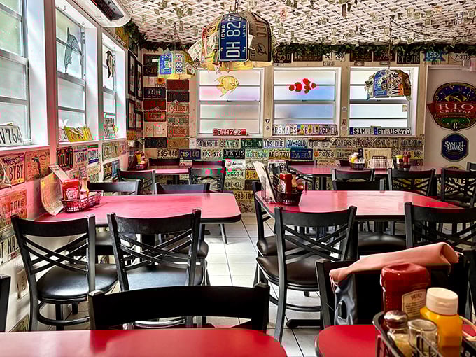 License plates from across America create a patchwork of travel memories on the walls, while red tables invite you to join the Keys community.