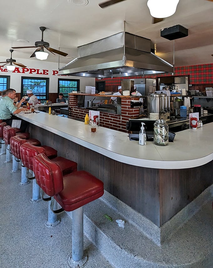 The horseshoe counter isn't just seating—it's a front-row ticket to culinary theater where burgers sizzle and pie slices disappear like magic.