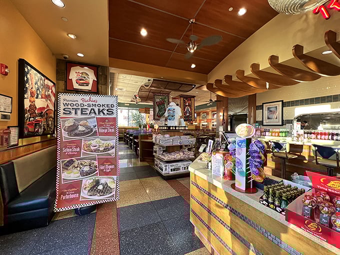 Step inside and the nostalgia hits you immediately – checkered accents, warm wood tones, and the promise of classic American fare done right.