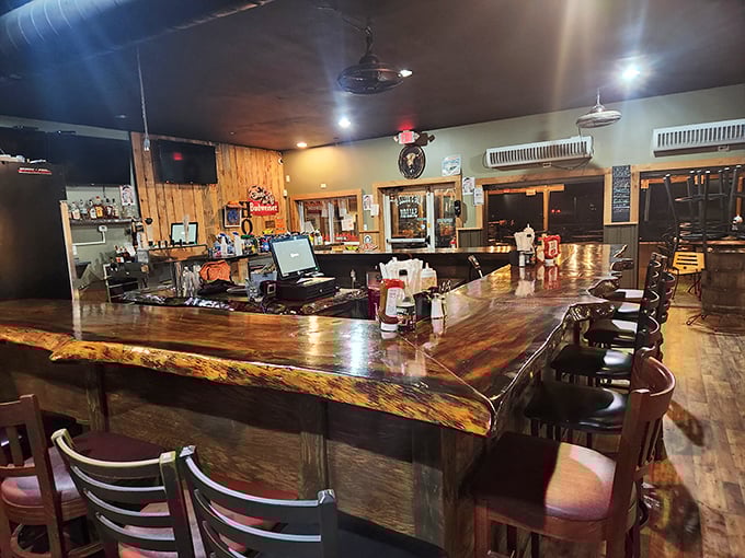 That live-edge bar counter isn't just gorgeous—it's witnessed countless stories, celebrations, and first bites of legendary burgers.