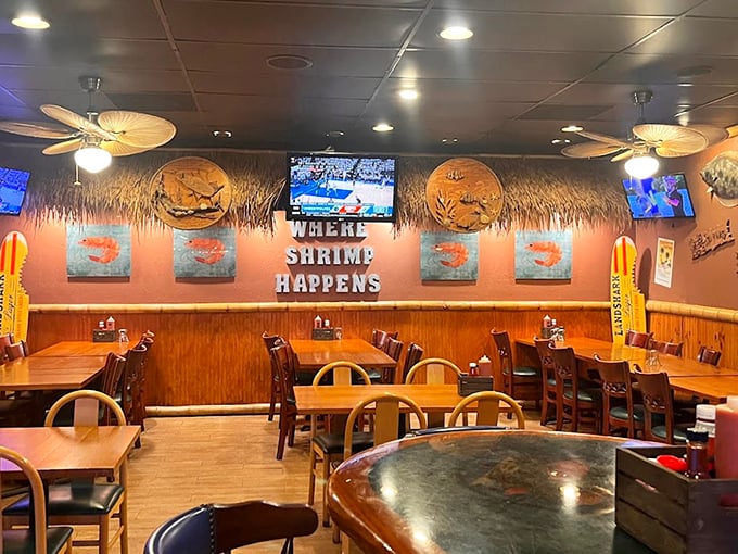 "WHERE SHRIMP HAPPENS" isn't just a cute slogan—it's a solemn vow this wood-paneled sanctuary takes very seriously.