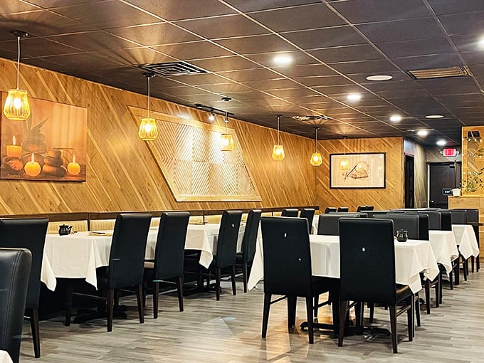 Warm wood paneling and crisp white tablecloths create that perfect "neighborhood gem" atmosphere—comfortable enough for Tuesday dinner, special enough for celebrations.