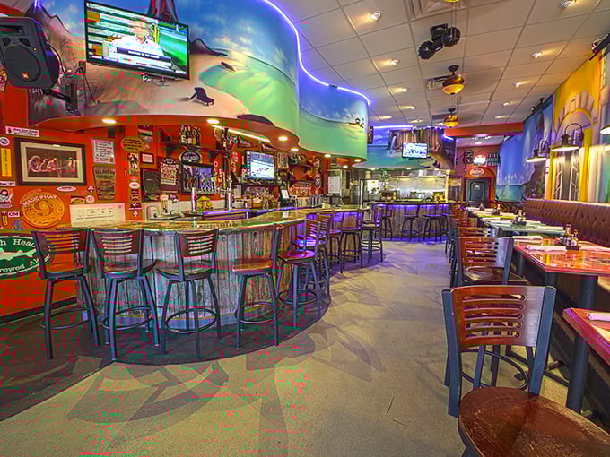 Inside, vibrant colors and neon lights create the perfect backdrop for culinary magic. Beach vibes meet serious cooking in this lively space.