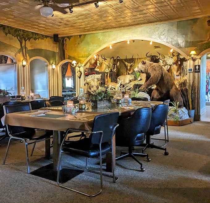 Step inside and suddenly you're dining with wildlife! This surreal safari-meets-supper-club interior makes every meal a conversation starter. "Pass the salt, Mr. Lion?"