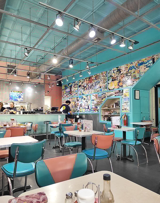 Retro meets delicious in Pamela's turquoise and coral interior, where every seat feels like you've time-traveled to breakfast nirvana.