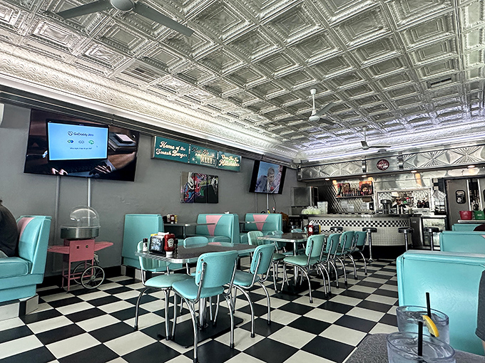 The interior's turquoise and chrome palette isn't just decoration—it's a mood-altering substance that instantly improves your day.
