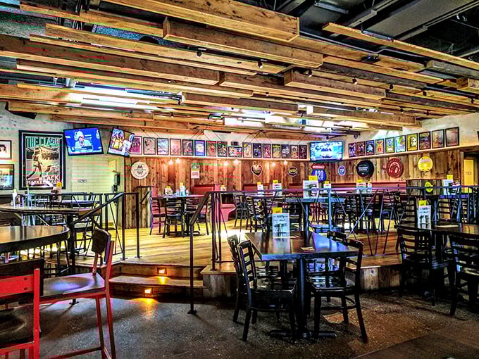 Exposed beams and vintage memorabilia create the perfect backdrop for serious comfort food conversations and cold beverages.
