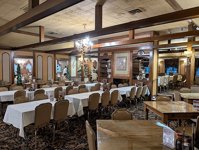 Dining rooms that whisper "special occasion" with their crisp white tablecloths and warm wood accents—where calories don't count and stretchy pants are your best friend.