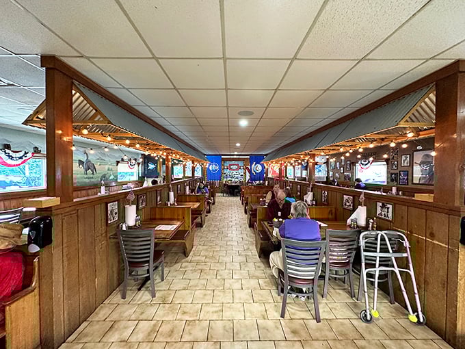 Wooden booths, warm lighting, and the promise of barbecue bliss. This dining room doesn't just serve food—it serves memories with a side of community.