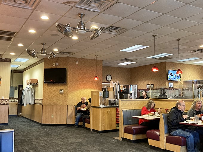 Classic diner ambiance with burgundy booths and ceiling fans that haven't changed their spin since the Clinton administration—exactly how we like it.